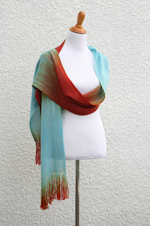 Hand woven scarf in blue and red orange colors – KGThreads
