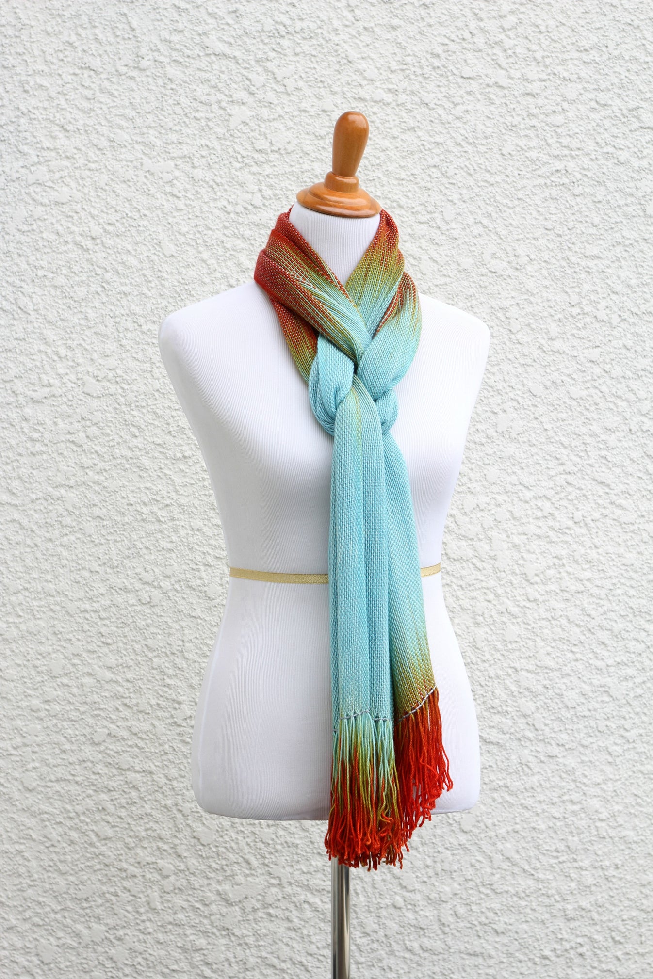 Hand woven scarf in blue and red orange colors – KGThreads