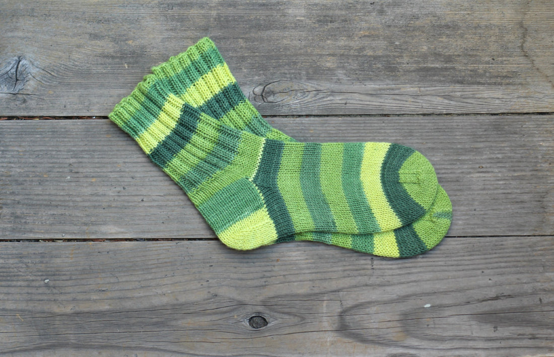 Knit green socks made with striped wool for women - KGThreads